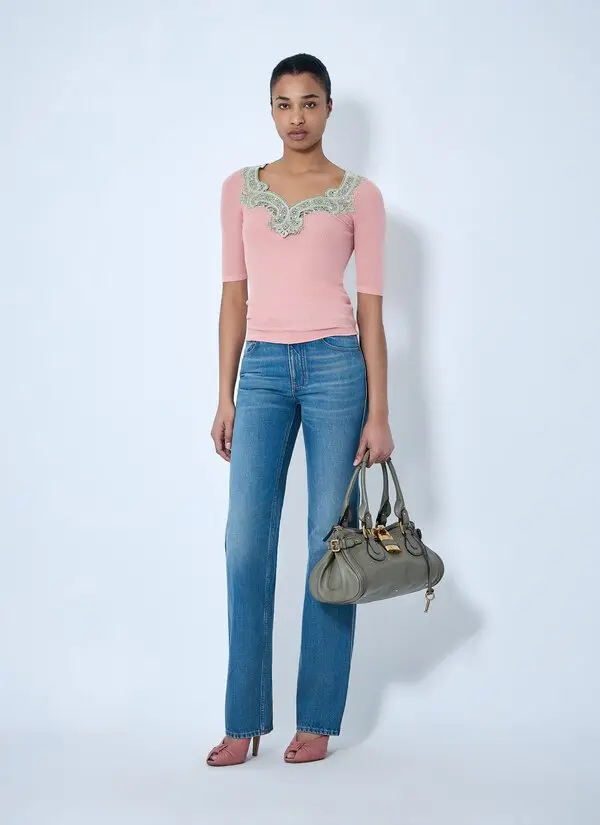 Chloé Embroidered Neckline Ribbed Knit Top