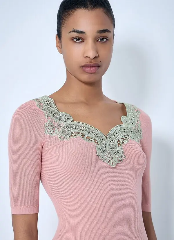 Chloé Embroidered Neckline Ribbed Knit Top