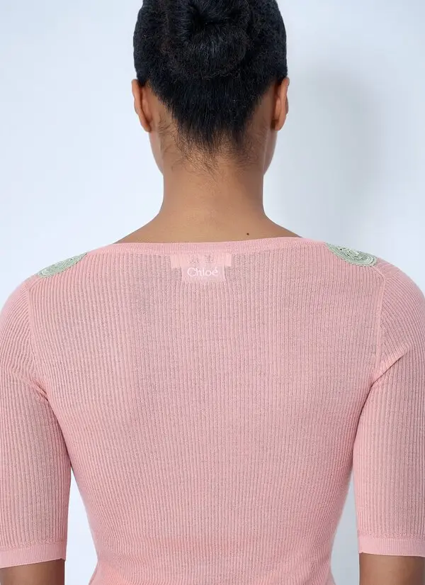 Chloé Embroidered Neckline Ribbed Knit Top