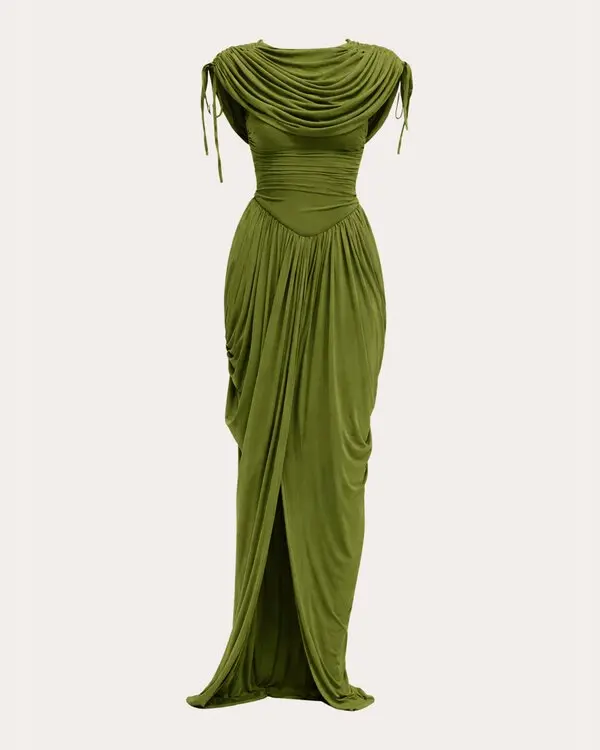 ANDREA IYAMAH Katu Gathered Mesh Drop-waist Cape Maxi Dress