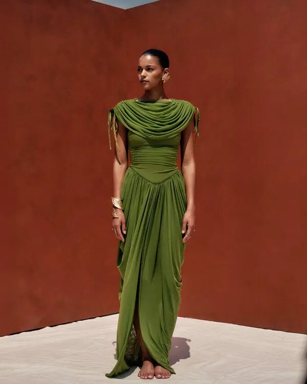 ANDREA IYAMAH Katu Gathered Mesh Drop-waist Cape Maxi Dress