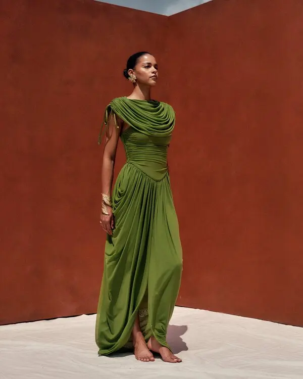 ANDREA IYAMAH Katu Gathered Mesh Drop-waist Cape Maxi Dress
