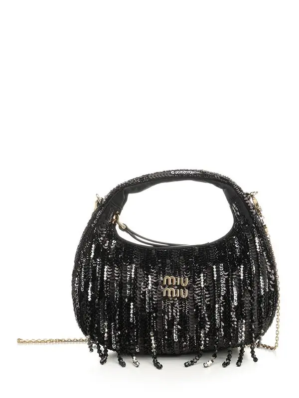 Miu Miu Wander Mini Satin Bag With Crystal And Sequin Fringes - Black