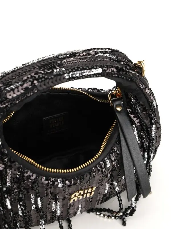 Miu Miu Wander Mini Sequined Bag With Crystal Fringes - Black