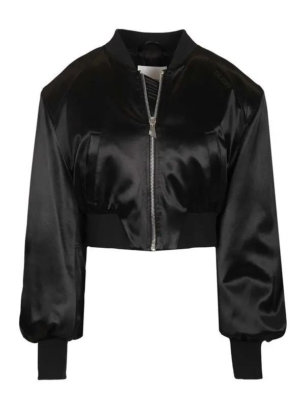 Attico Cropped Satin Bomber Jacket With Mandarin Collar