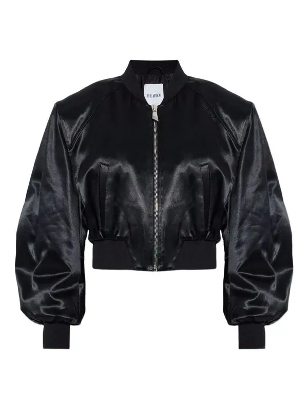 Attico Cropped Satin Bomber Jacket With Mandarin Collar