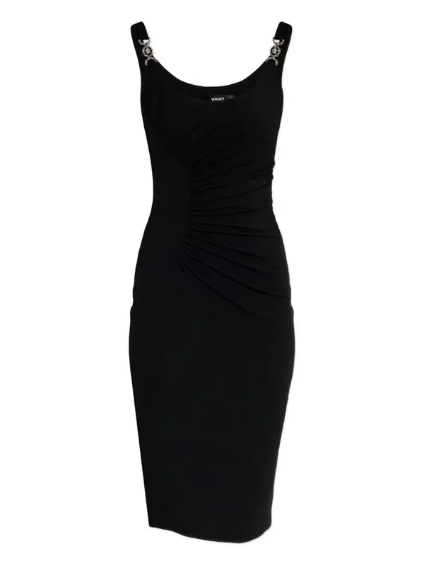 Versace Draped Sleeveless Midi Dress With Medusa '95 Accessory - Black