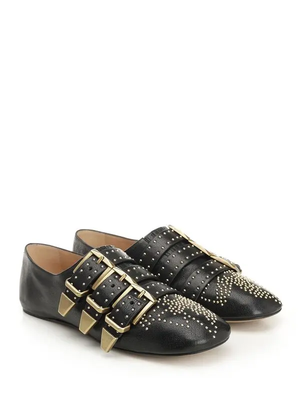Chloé Susan Grained Buffalo Leather Flats With Gold Studs And Buckles - Black