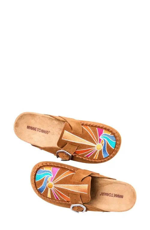 Minnetonka Embroidered Buckle Clogs