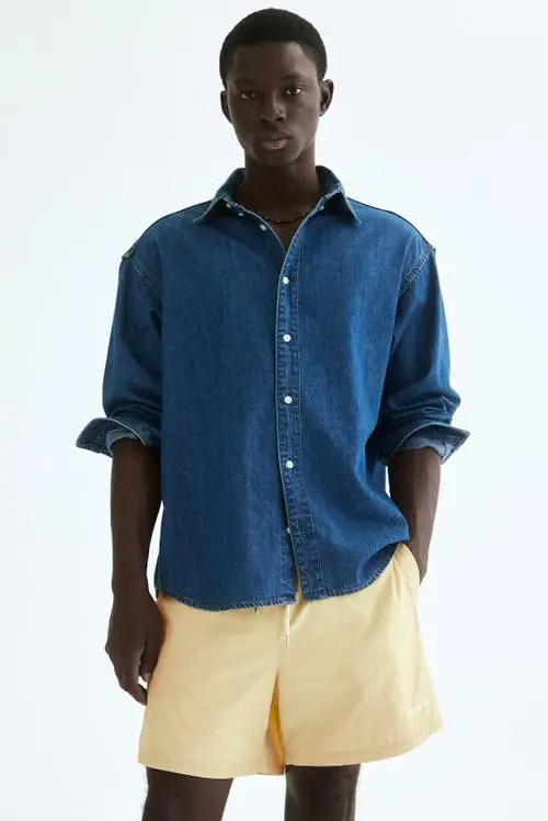 H&M Relaxed-fit Cotton Blend Shorts With Embroidered Detail - Yellow