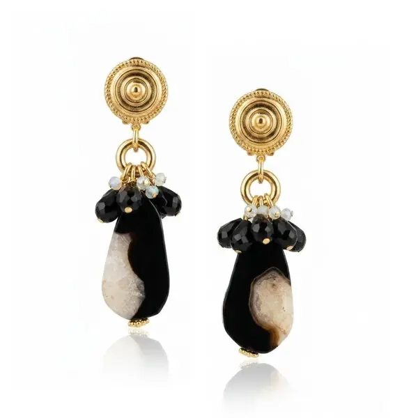 JAREDJAMIN Black / Gold Veda Black Agate & Crystal Clip-on Statement Earrings - Black/gold
