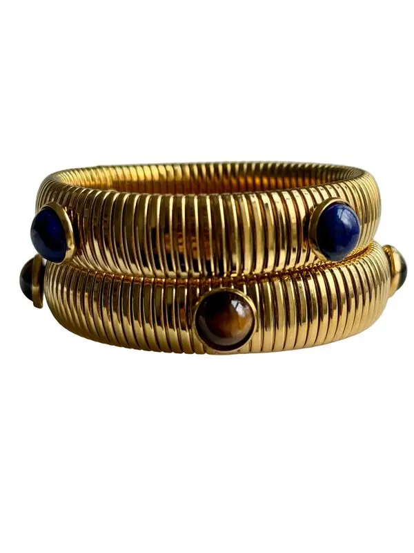 LAURA GRAY Gold Plate Omega Bracelet With Tiger's Eye Or Lapis Lazuli - Blue