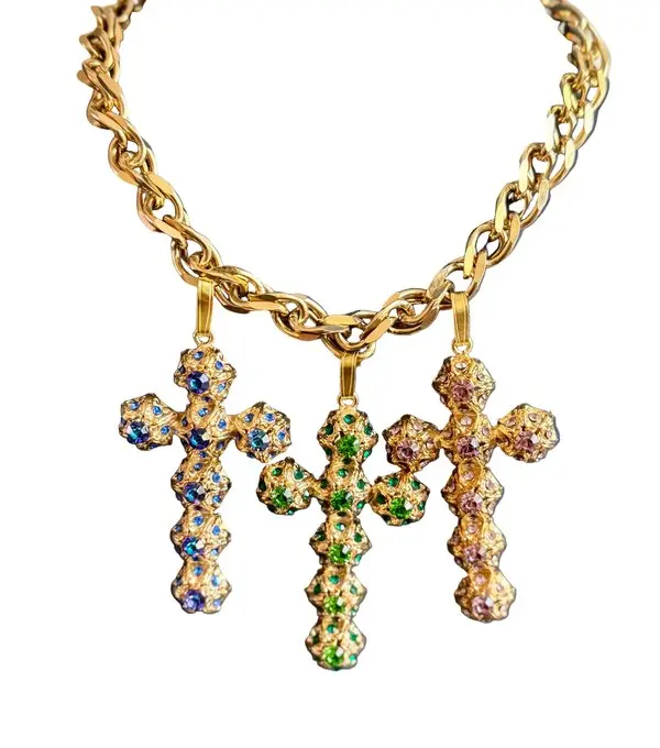 LAURA GRAY Italian Chanel Metal Crystal Cross Necklace - Purple