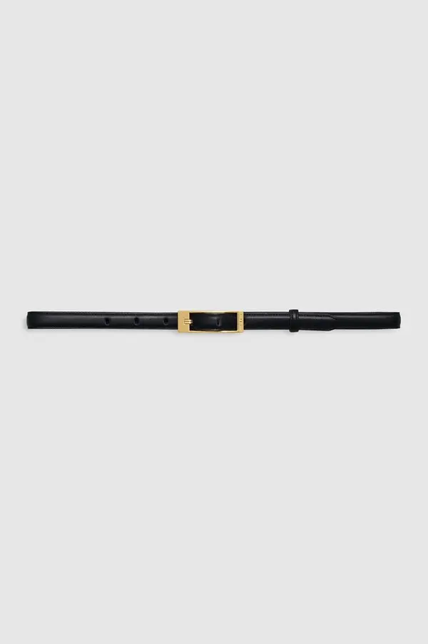 ANINE BING Smooth Leather Slim Belt With Gold Tone Buckle - Black