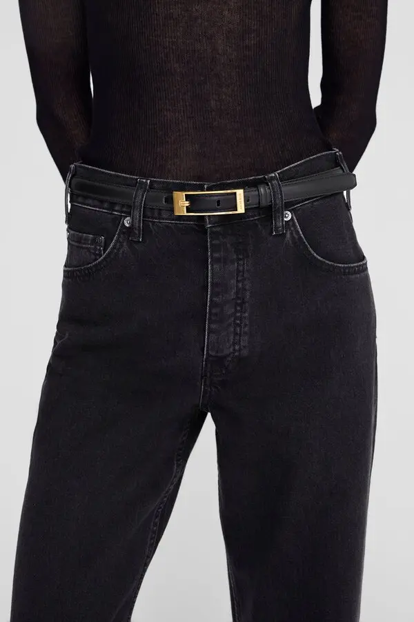 ANINE BING Smooth Leather Slim Belt With Gold Tone Buckle - Black