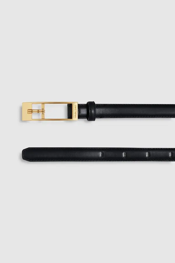 ANINE BING Smooth Leather Slim Belt With Gold Tone Buckle - Black