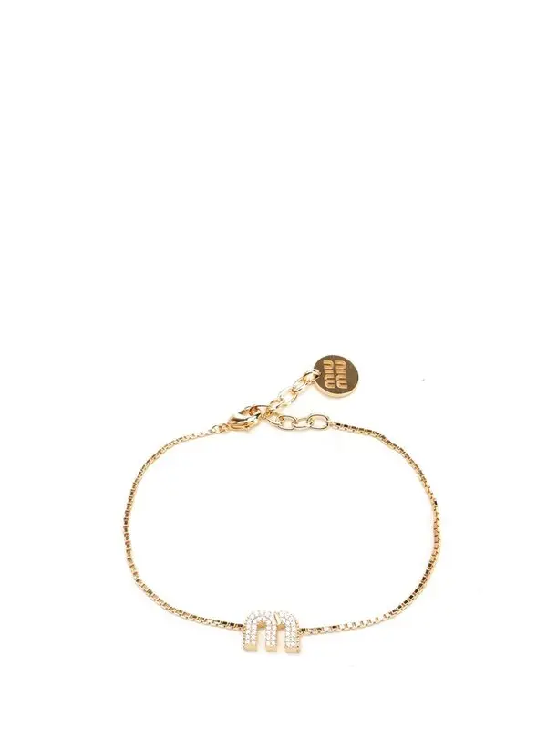 Miu Miu Crystal Embellished Logo Bracelet - Gold