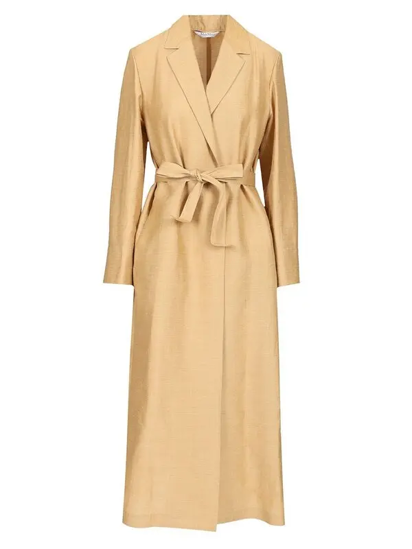 Max Mara Linen And Silk Blend Overcoat With Belt - Gold