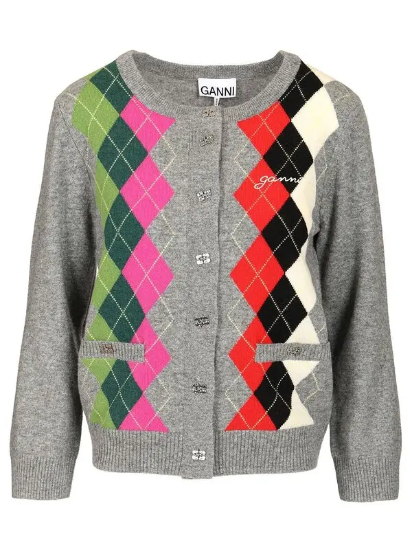 GANNI Argyle Merino Wool & Cashmere Cardigan - Gray