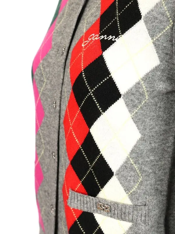 GANNI Argyle Merino Wool & Cashmere Cardigan - Gray