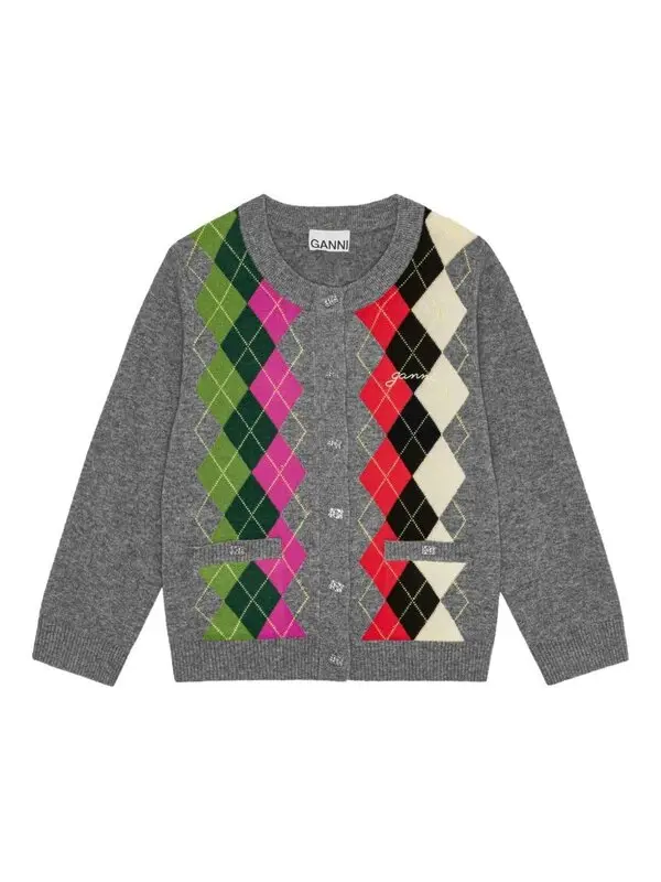 GANNI Argyle Merino Wool & Cashmere Cardigan - Gray