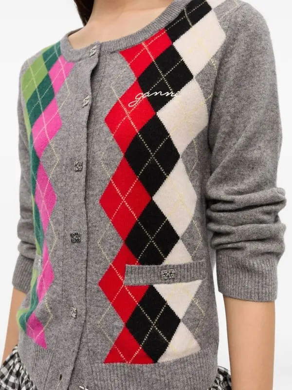 GANNI Argyle Merino Wool & Cashmere Cardigan - Gray