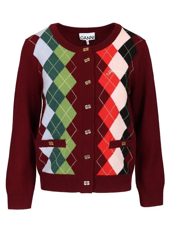 GANNI Argyle Merino Wool And Cashmere Blend Cardigan - Multicolor