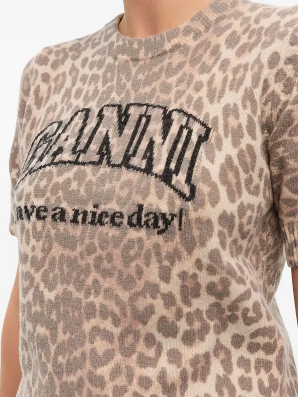 GANNI Leopard Print Wool Blend T-shirt - Multicolor