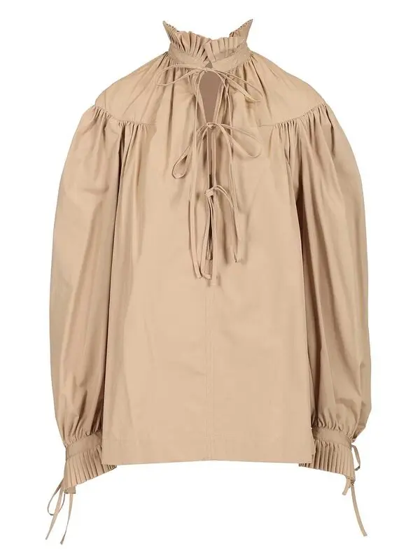 Dries Van Noten Cotton Poplin Blouse With Ruffles And Drawstring Detail - Cream