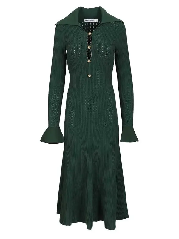 SELF-PORTRAIT Knitted Midi Dress With Exaggerated Collar And Gold Button Embellishment