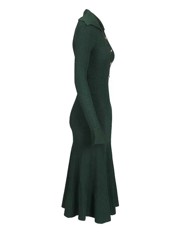SELF-PORTRAIT Knitted Midi Dress With Exaggerated Collar And Gold Button Embellishment
