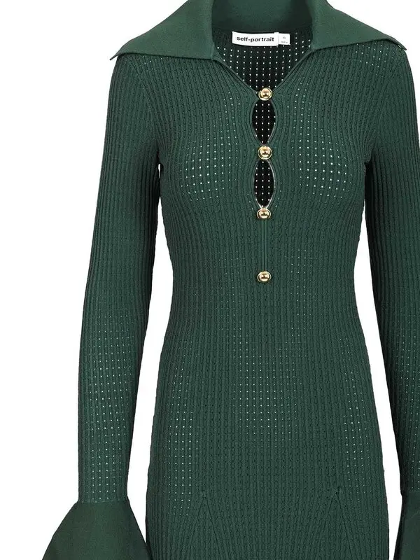 SELF-PORTRAIT Knitted Midi Dress With Exaggerated Collar And Gold Button Embellishment