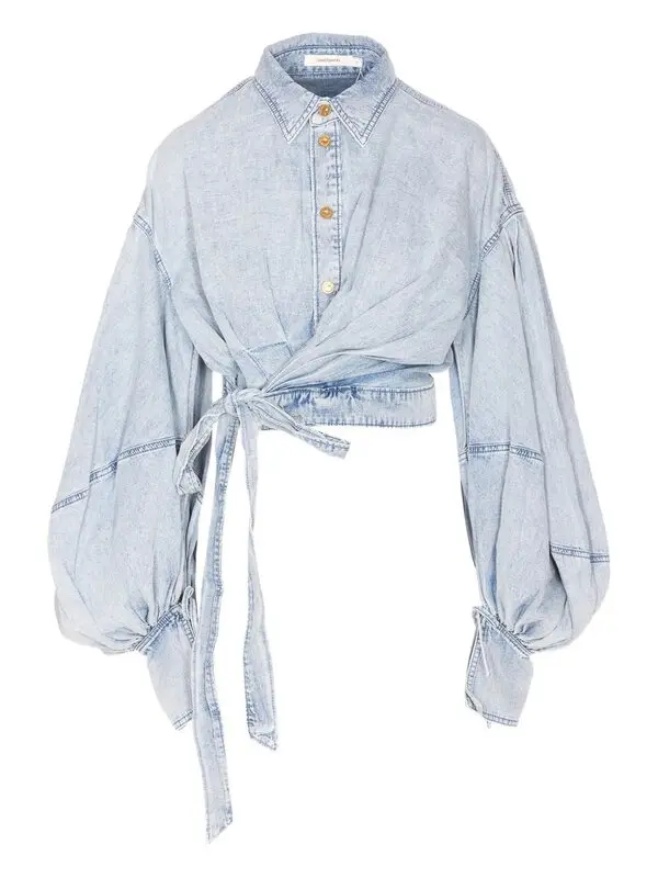 Zimmermann Rebellion Cropped Denim Wrap Top - Blue