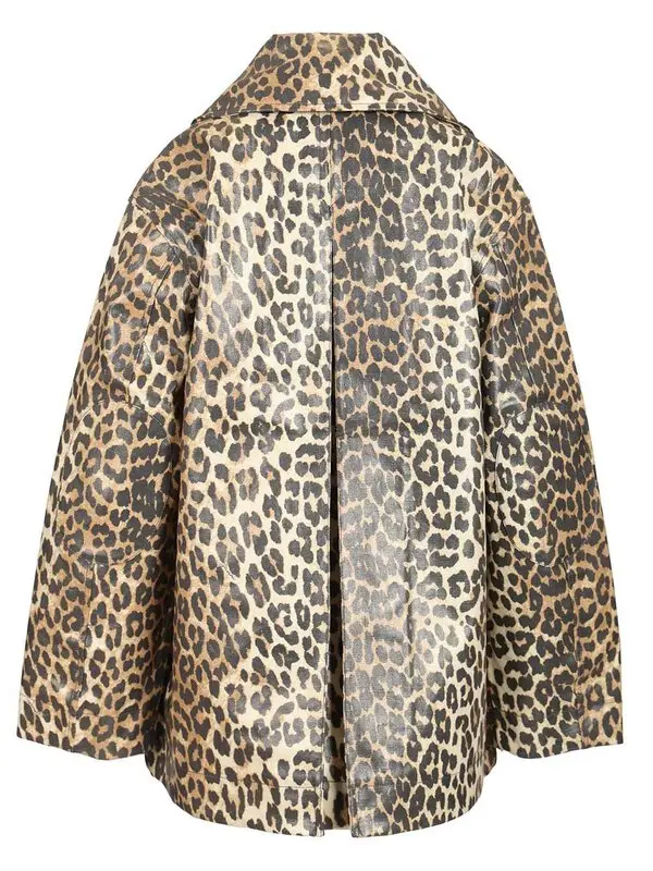 GANNI Leopard Laminated Cotton Jacket With Wide Collar And Pleated Back - Multicolor