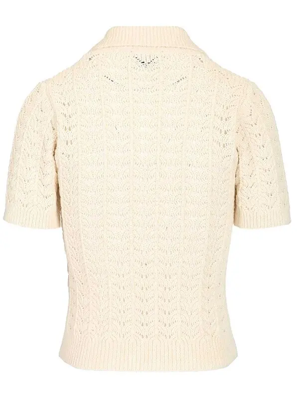 FORTE_FORTE Crochet Knit Polo Shirt With Jewel Buttons - White