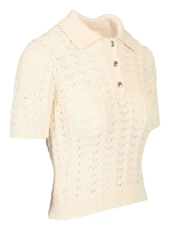FORTE_FORTE Crochet Knit Polo Shirt With Jewel Buttons - White