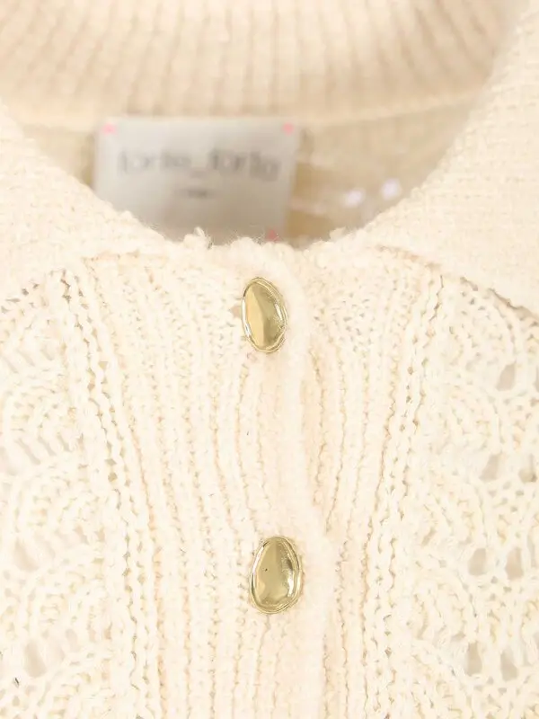FORTE_FORTE Crochet Knit Polo Shirt With Jewel Buttons - White