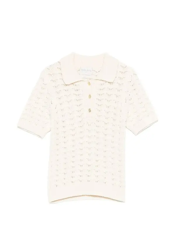 FORTE_FORTE Crochet Knit Polo Shirt With Jewel Buttons - White