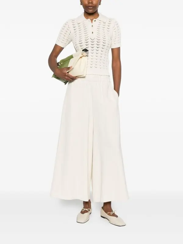 FORTE_FORTE Crochet Knit Polo Shirt With Jewel Buttons - White