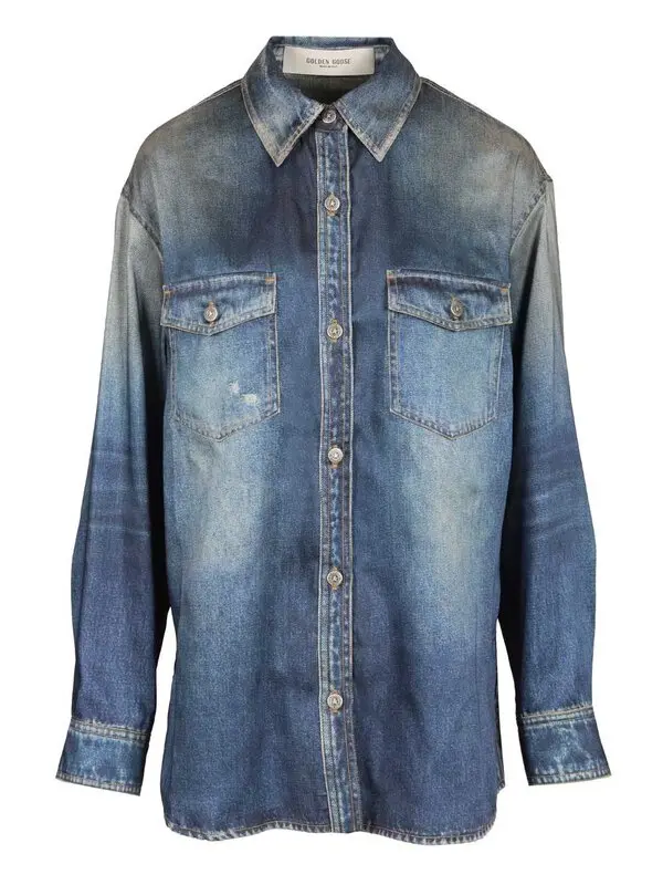GOLDEN GOOSE Technical Fabric Shirt With Trompe L'oeil Denim Print - Blue