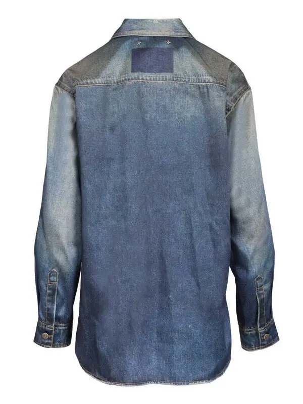 GOLDEN GOOSE Technical Fabric Shirt With Trompe L'oeil Denim Print - Blue