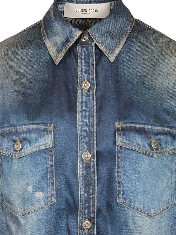GOLDEN GOOSE Technical Fabric Shirt With Trompe L'oeil Denim Print - Blue