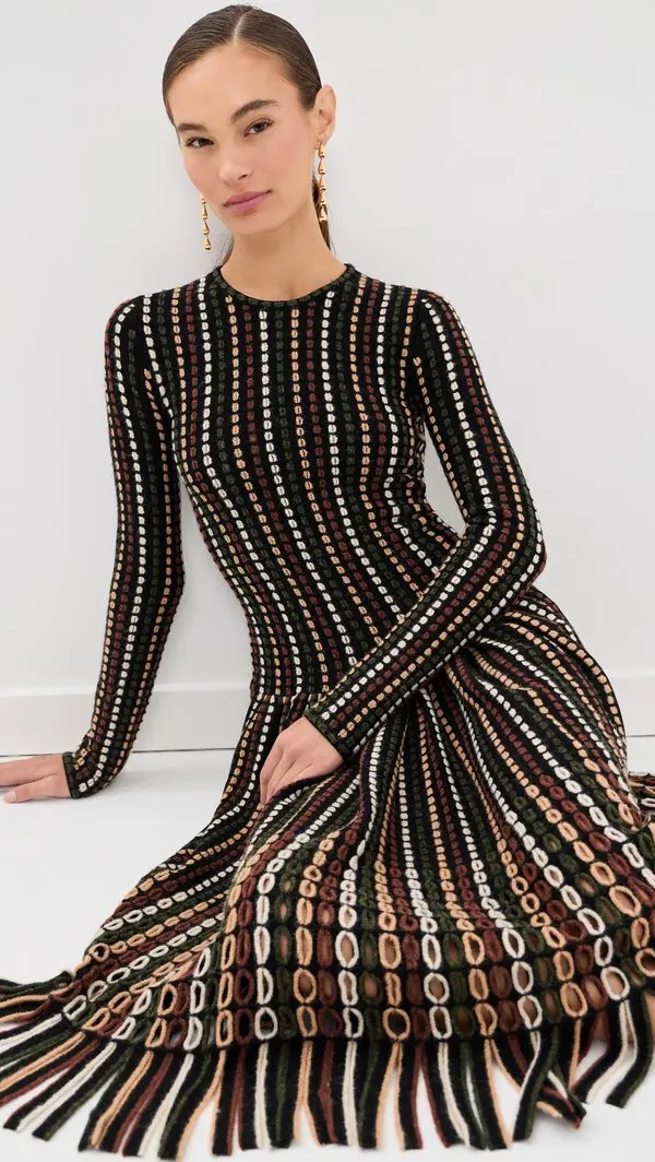 Ulla Johnson Adele Knit Dress With Geometric Pattern And Fringe Trim