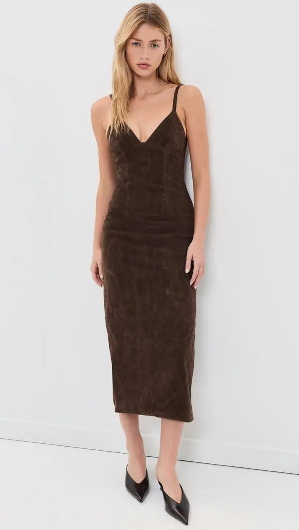 Bardot Faux Suede Sweetheart Neck Midi Dress With Slit