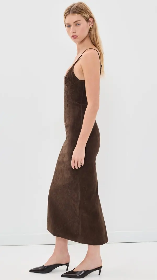 Bardot Faux Suede Sweetheart Neck Midi Dress With Slit