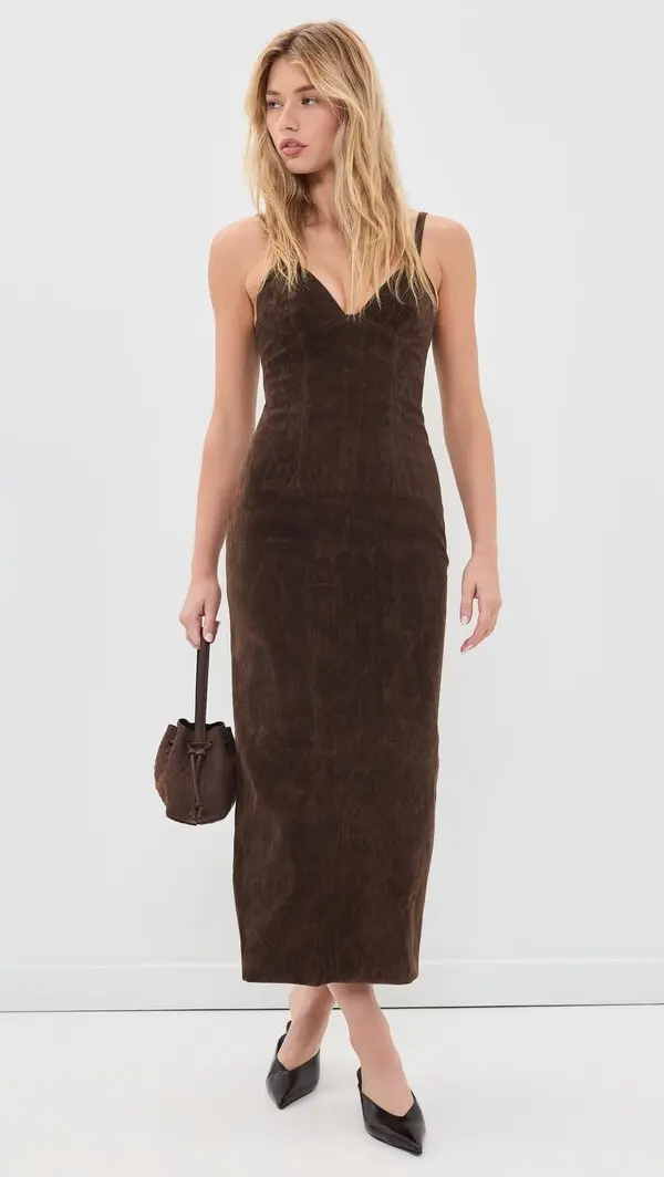 Bardot Faux Suede Sweetheart Neck Midi Dress With Slit