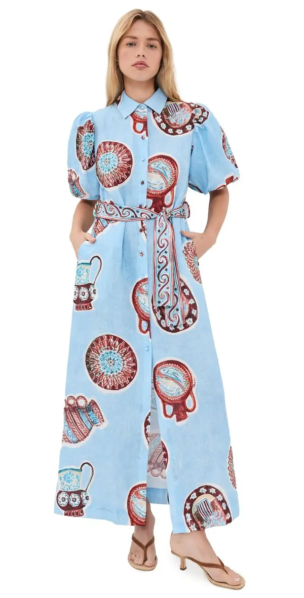 ROAME Berkeley Geometric Print Linen Maxi Shirt Dress