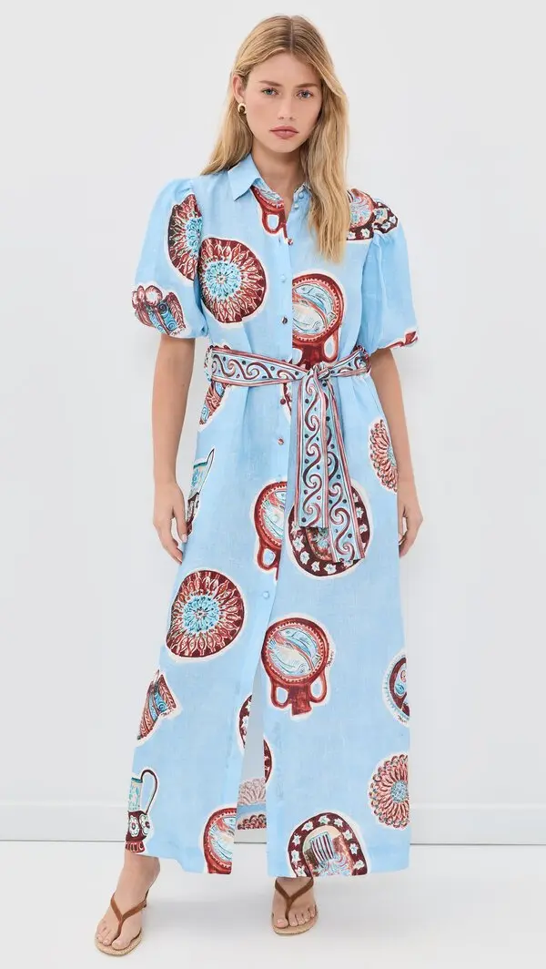 ROAME Berkeley Geometric Print Linen Maxi Shirt Dress