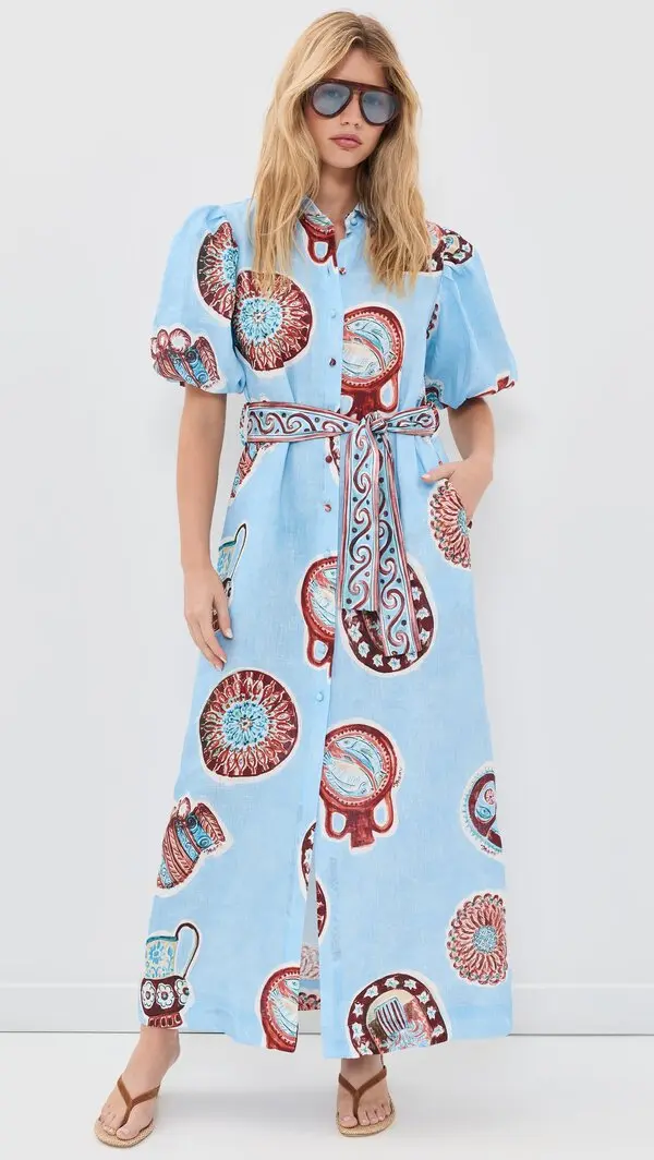 ROAME Berkeley Geometric Print Linen Maxi Shirt Dress