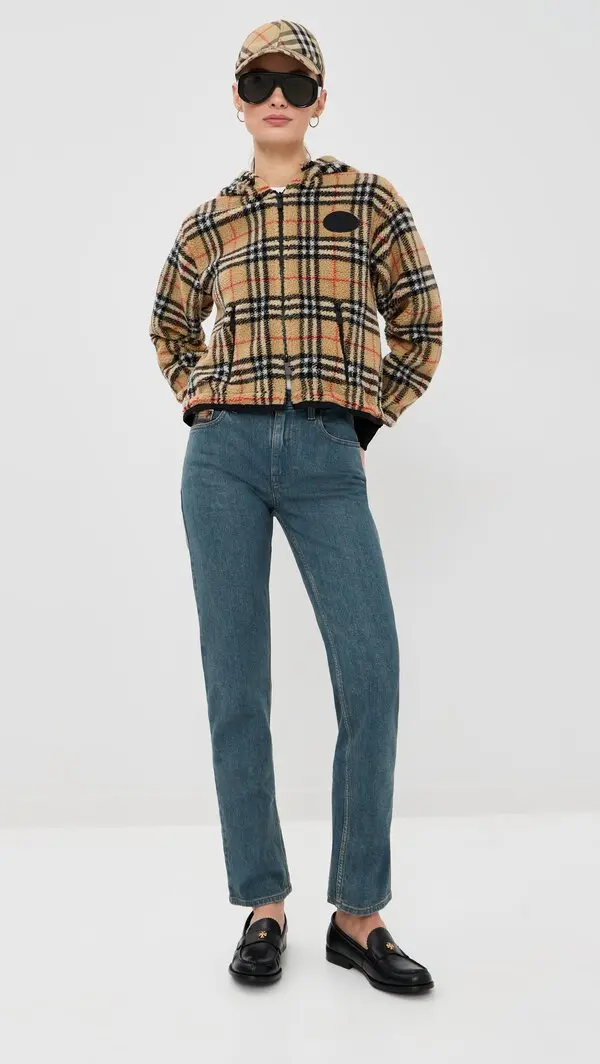 Burberry Plaid Fleece Cropped Zip-up Jacket